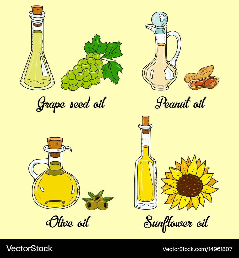 4 cooking oils in cute sketchy bottles Royalty Free Vector