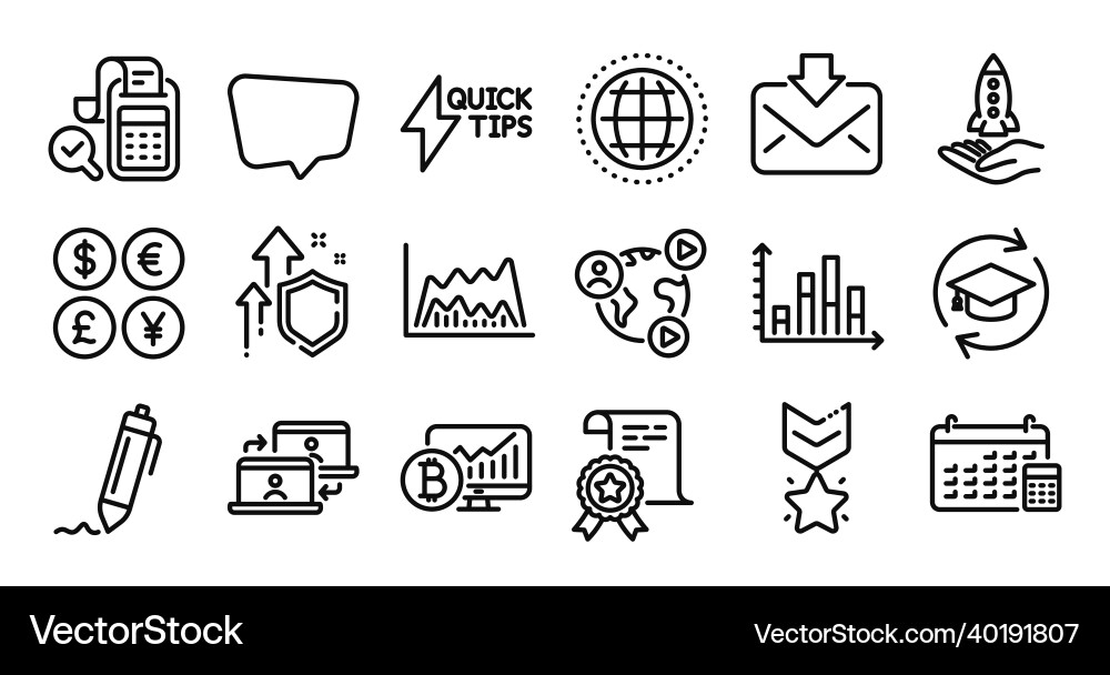 Bitcoin chart signature and globe line icons set Vector Image