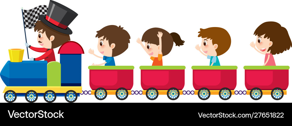 Four children riding on train on white background Vector Image