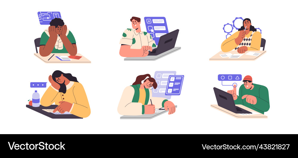 Students at online exams paper tests set Vector Image