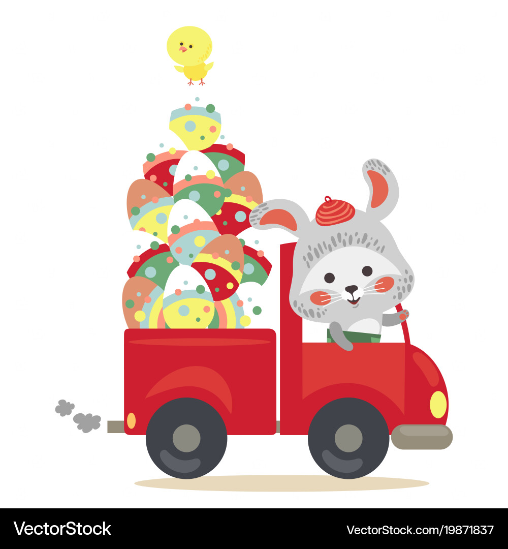 Easter bunny drive car with truck full Royalty Free Vector