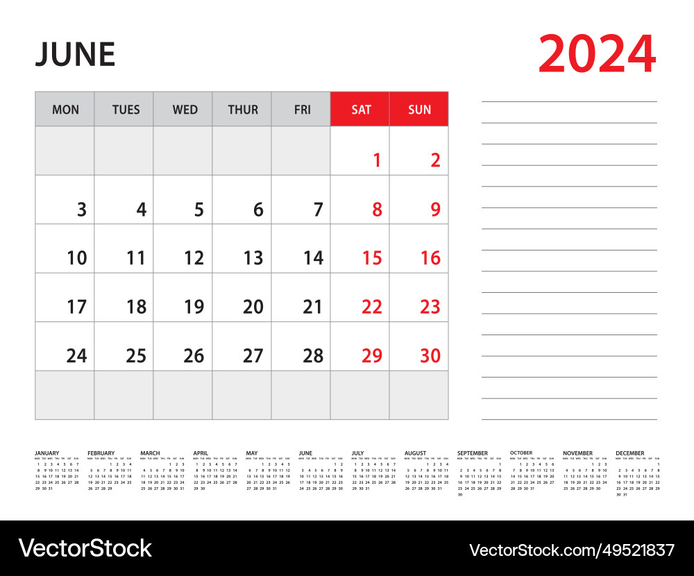 June 2024 year - calendar template week Royalty Free Vector