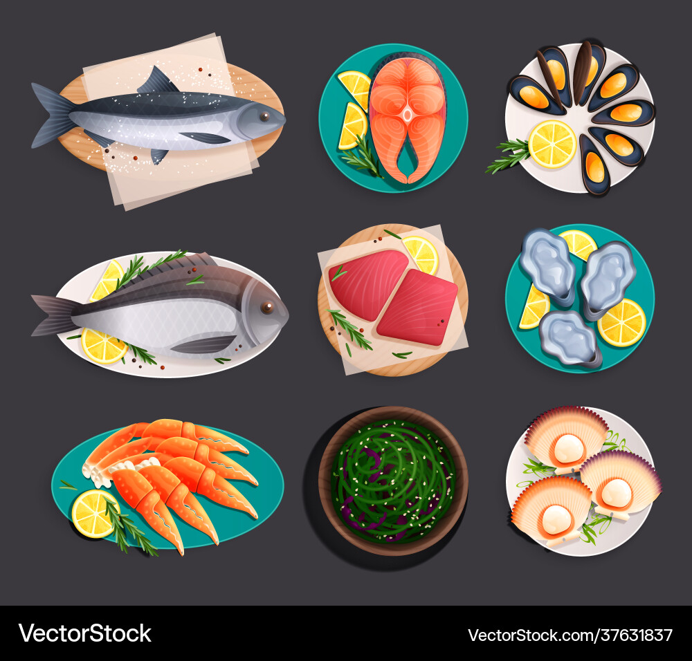 Sea food dishes set Royalty Free Vector Image - VectorStock