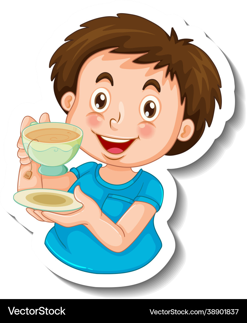 Sticker template with a happy boy holding a cup Vector Image