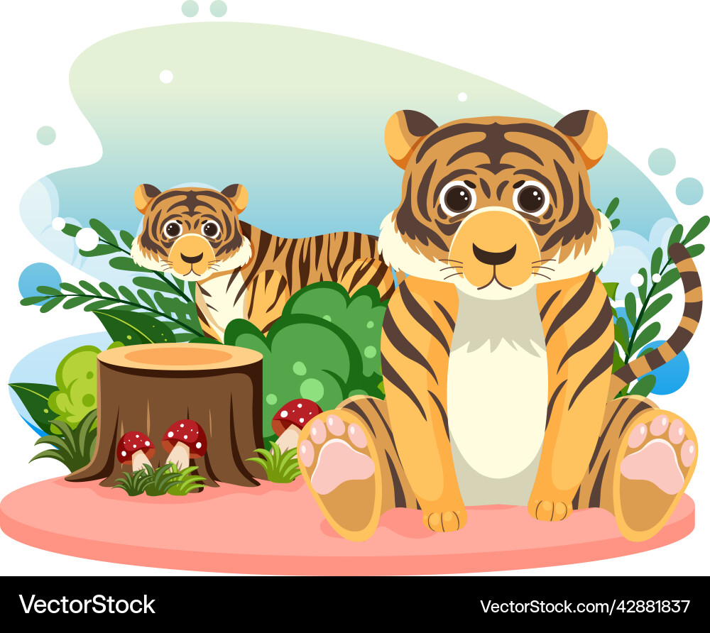 Two cute tigers in flat cartoon style Royalty Free Vector