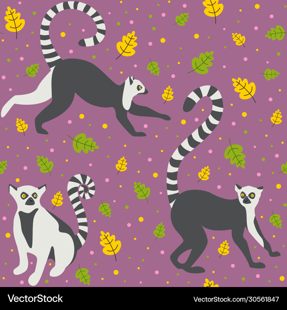 Animal seamless pattern lemurs and leaves Vector Image