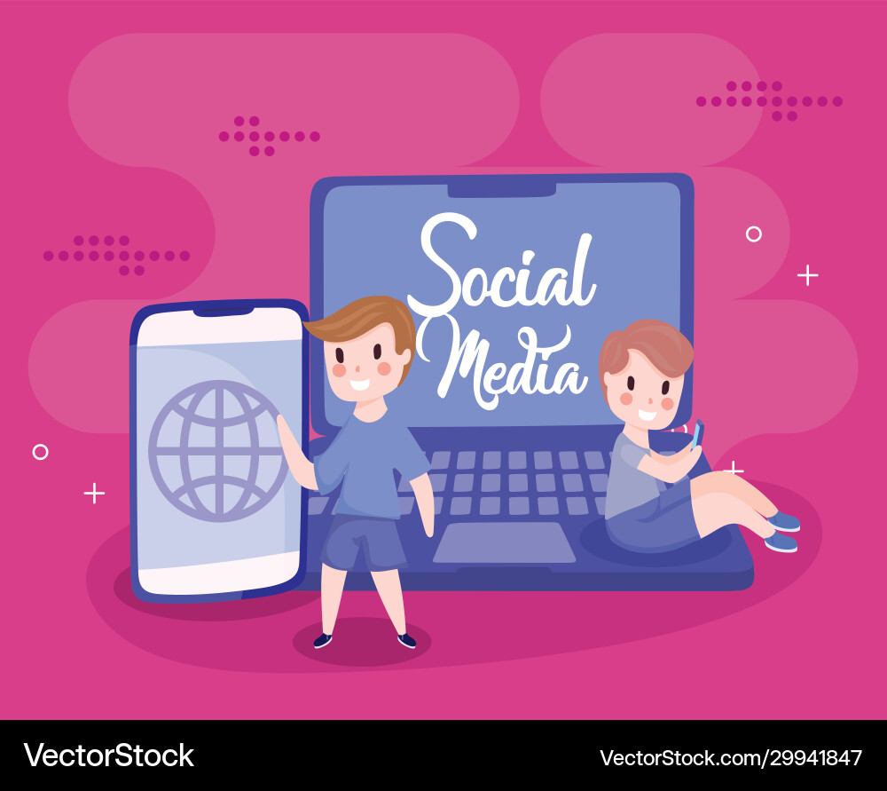 Boys cartoons with smartphone and computer Vector Image