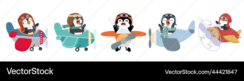 Funny pilot penguin flying air plane set Vector Image