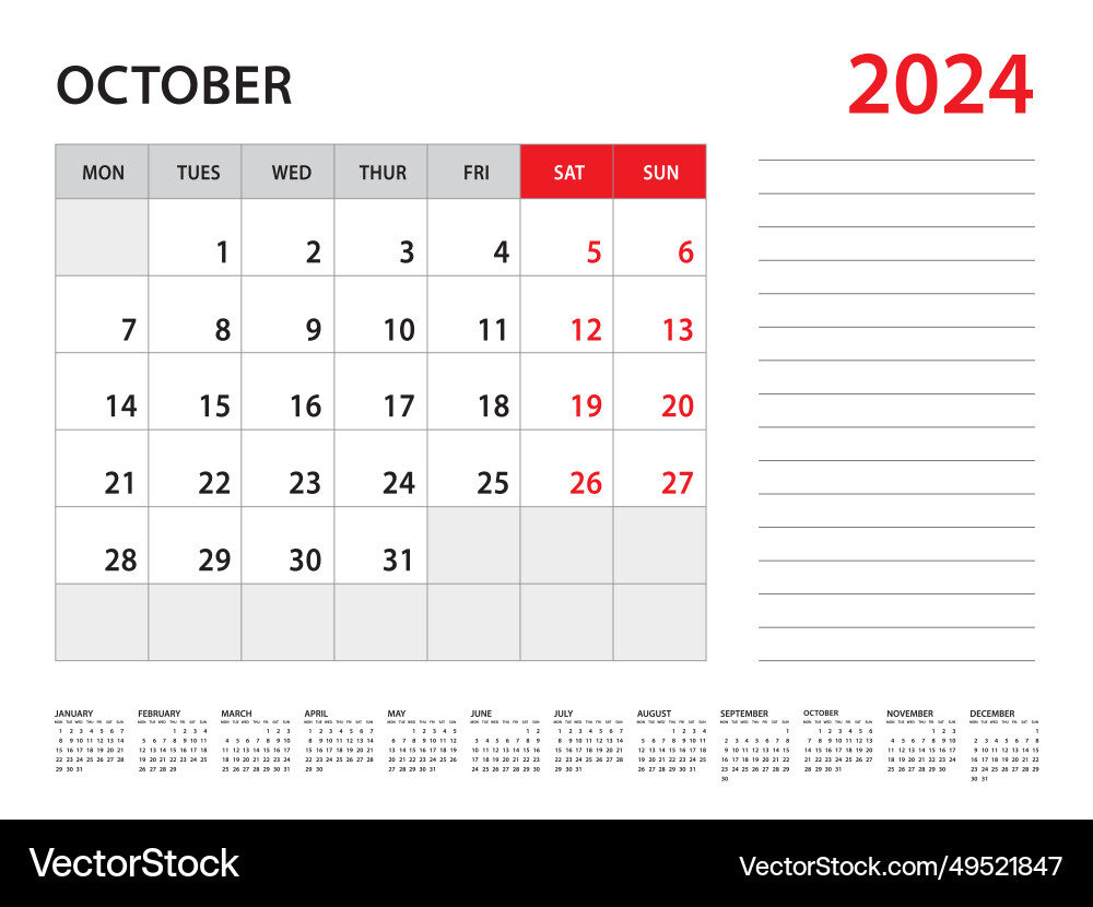 October 2024 year - calendar template week Vector Image