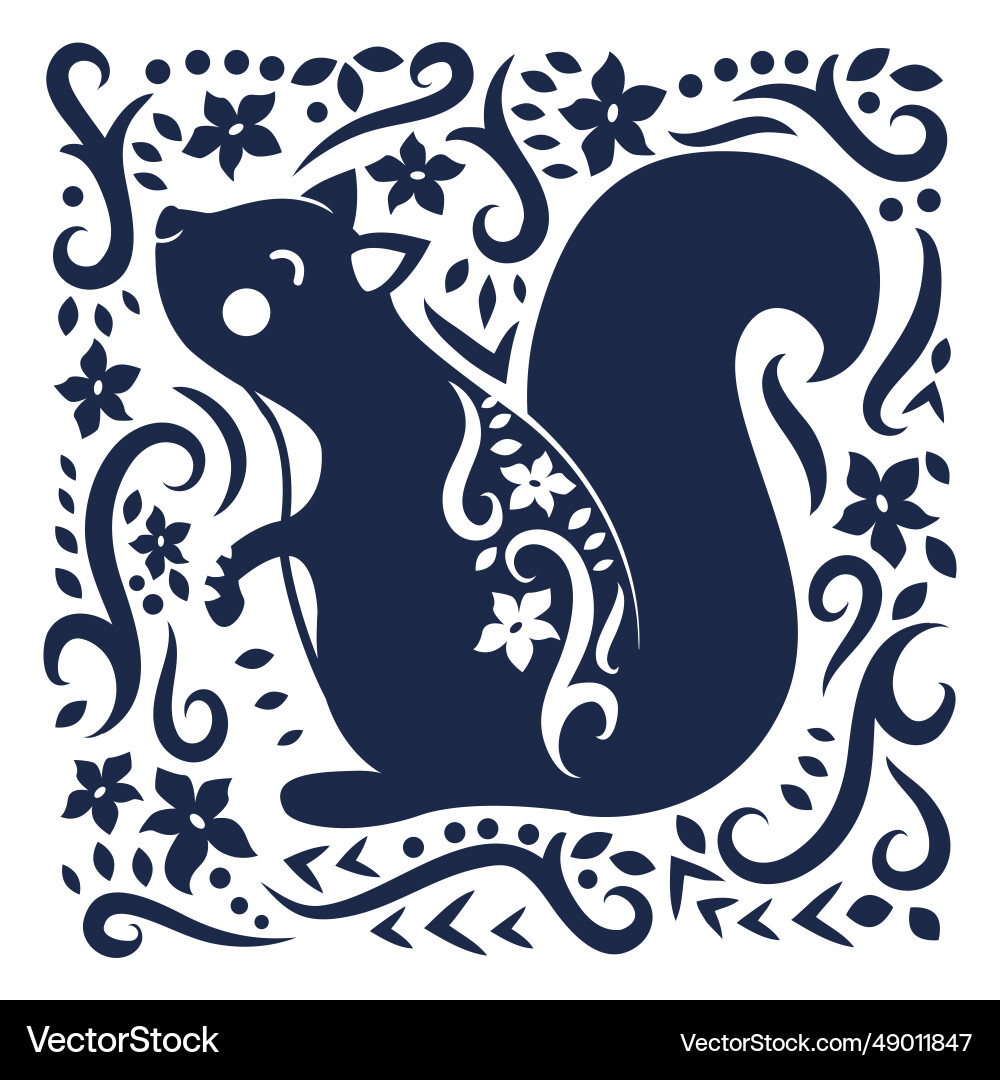 Squirrel folk art floral silhouette Royalty Free Vector