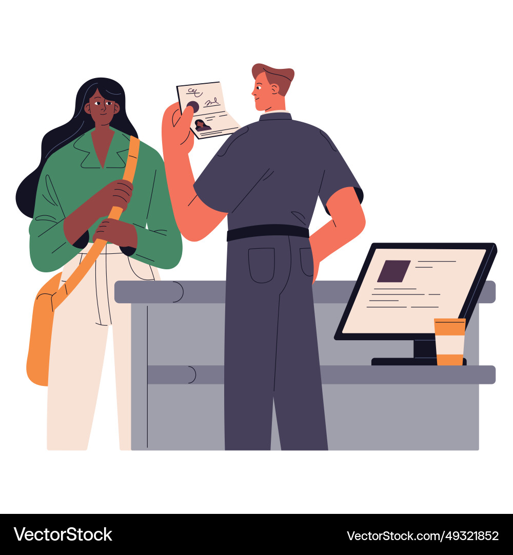 Immigration control worker scans passport tourist Vector Image