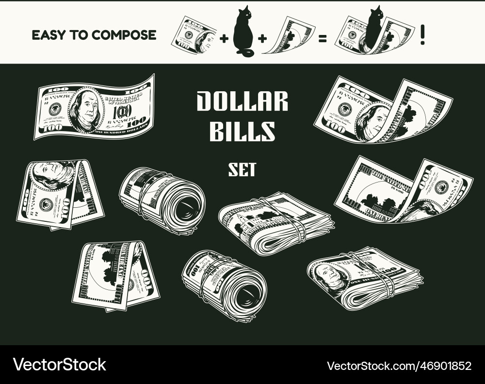 Set of 100 dollar bills with obverse reverse side Vector Image