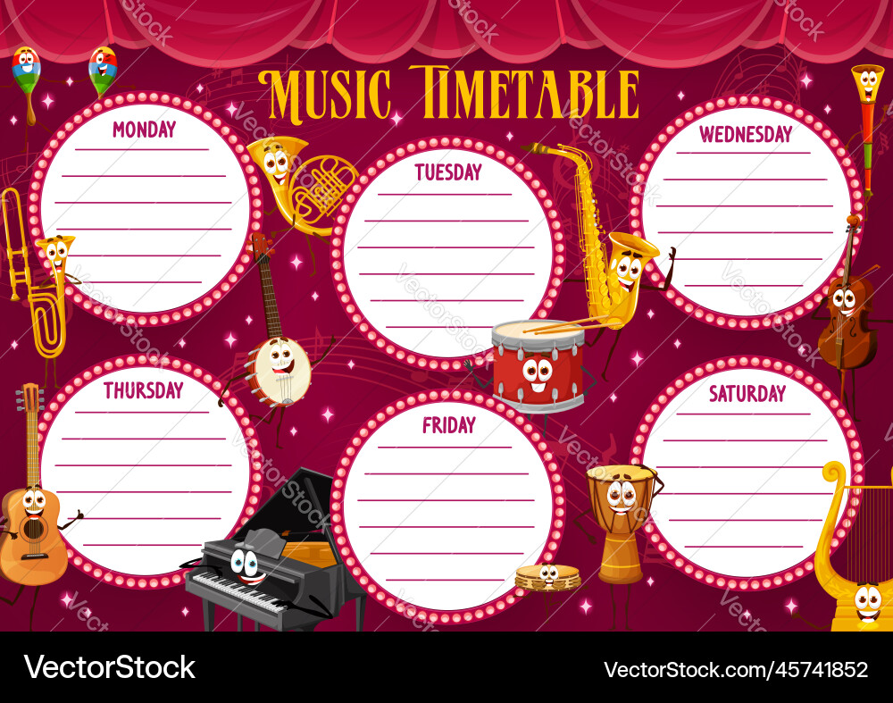 Timetable schedule with cartoon musical instrument