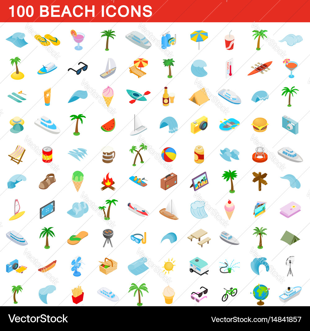 100 beach icons set isometric 3d style Royalty Free Vector