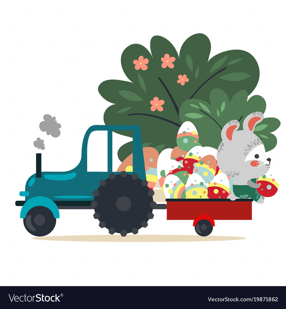 Easter bunny sit on tractor with a cart full of Vector Image