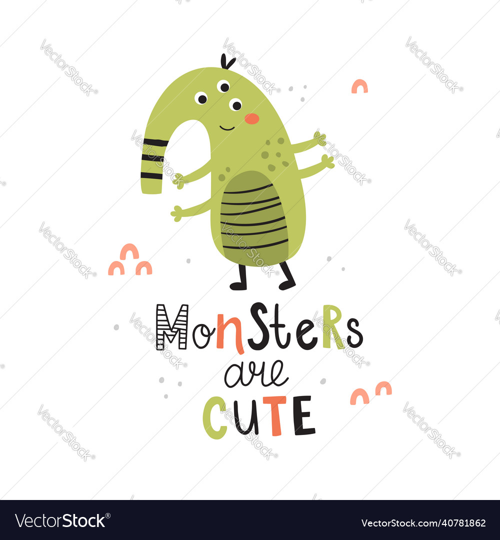 Image of cute monster and lettering text Vector Image