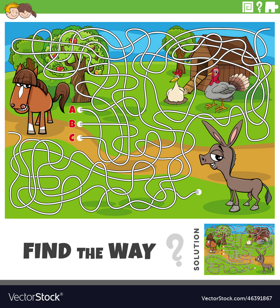 Find the way maze game with cartoon farm animals Vector Image