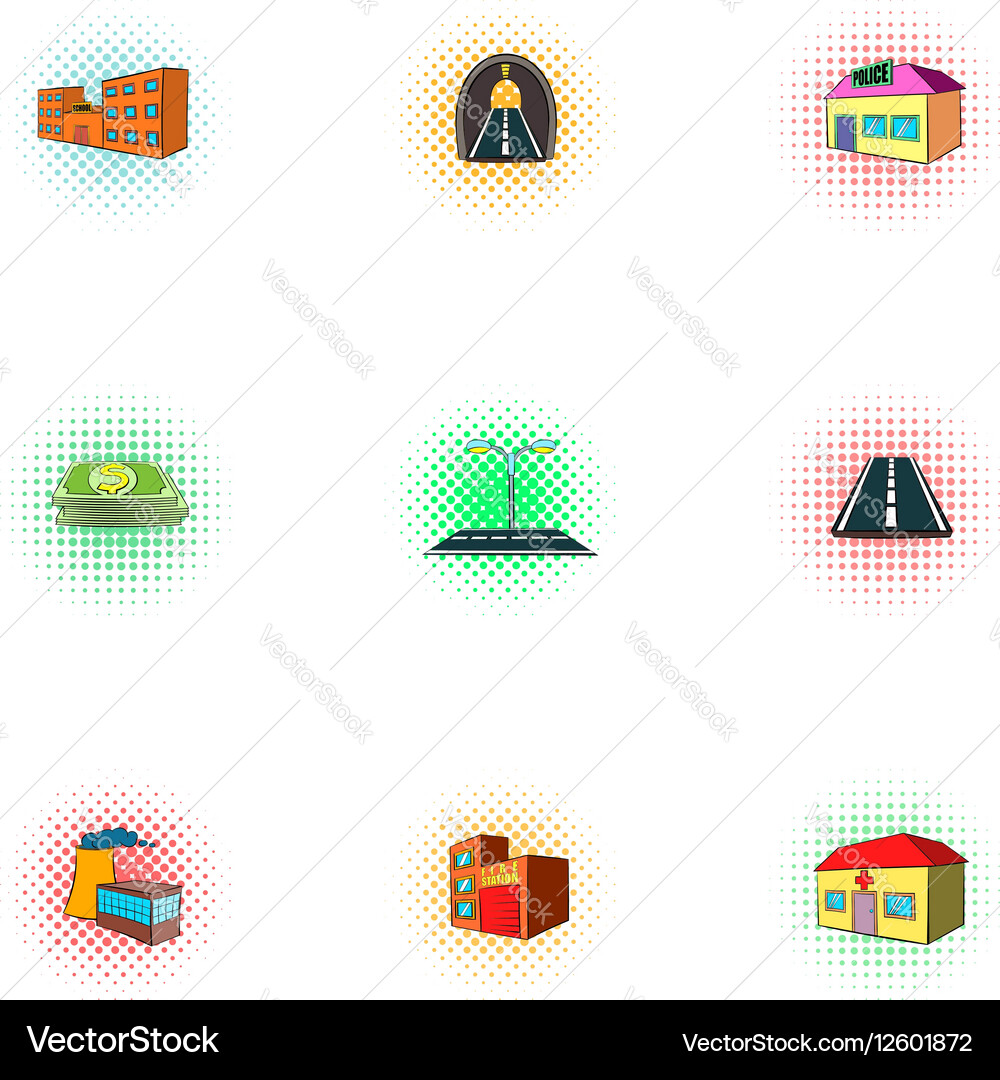 Public building icons set pop-art style Royalty Free Vector