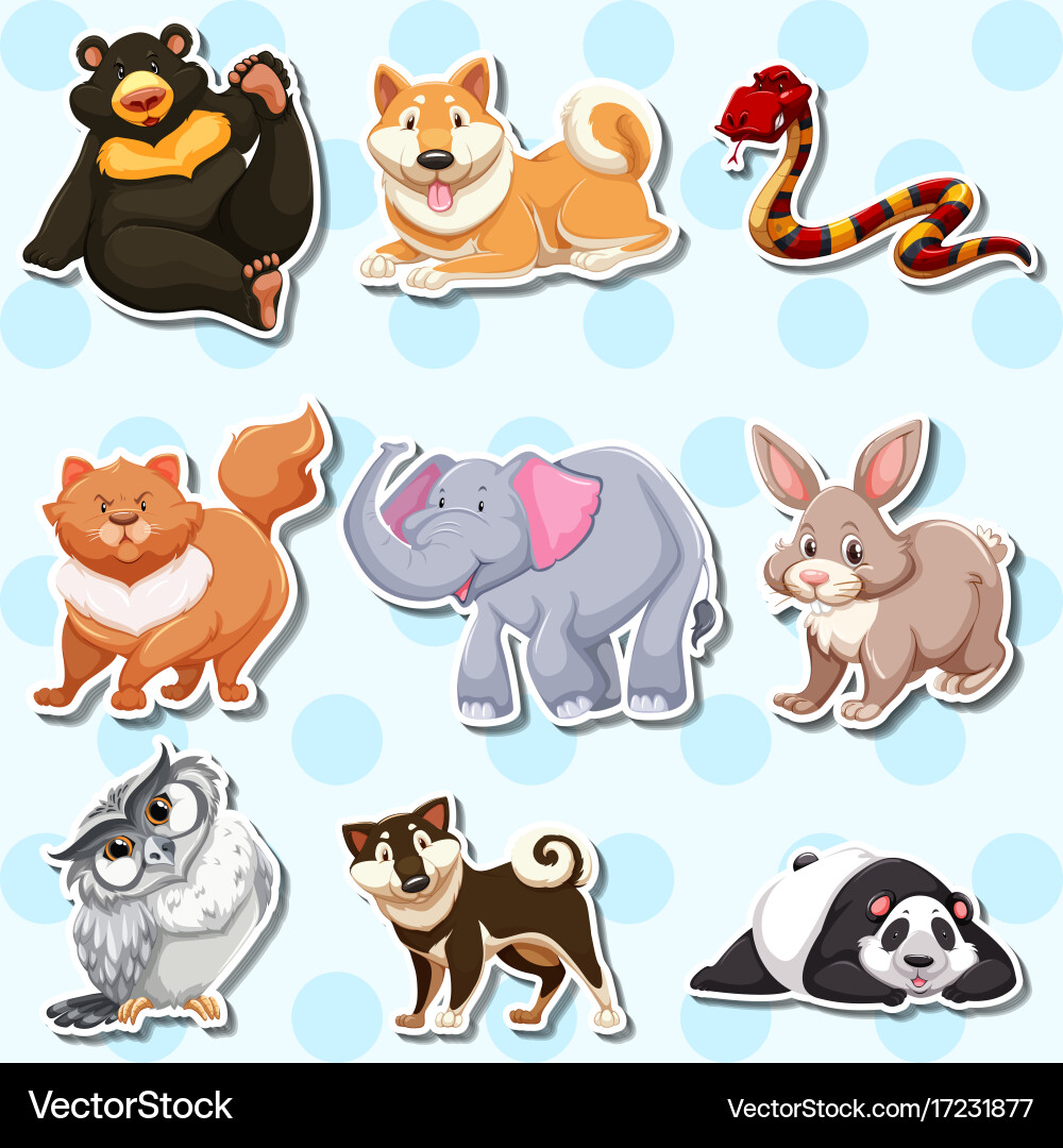 Sticker design with wild animals on blue Vector Image