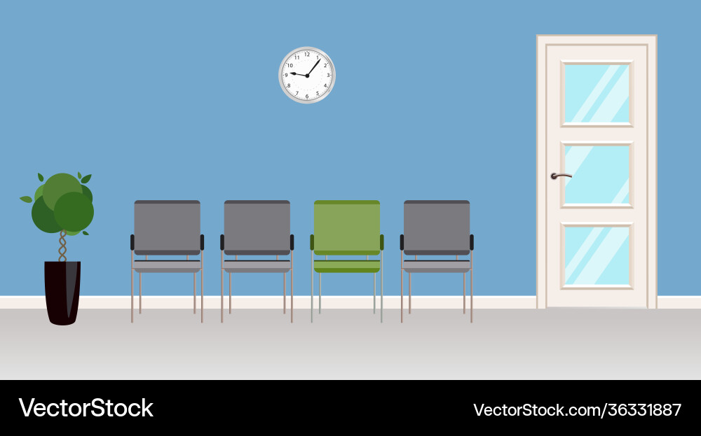 Clinic reception area with gray chairs in front Vector Image