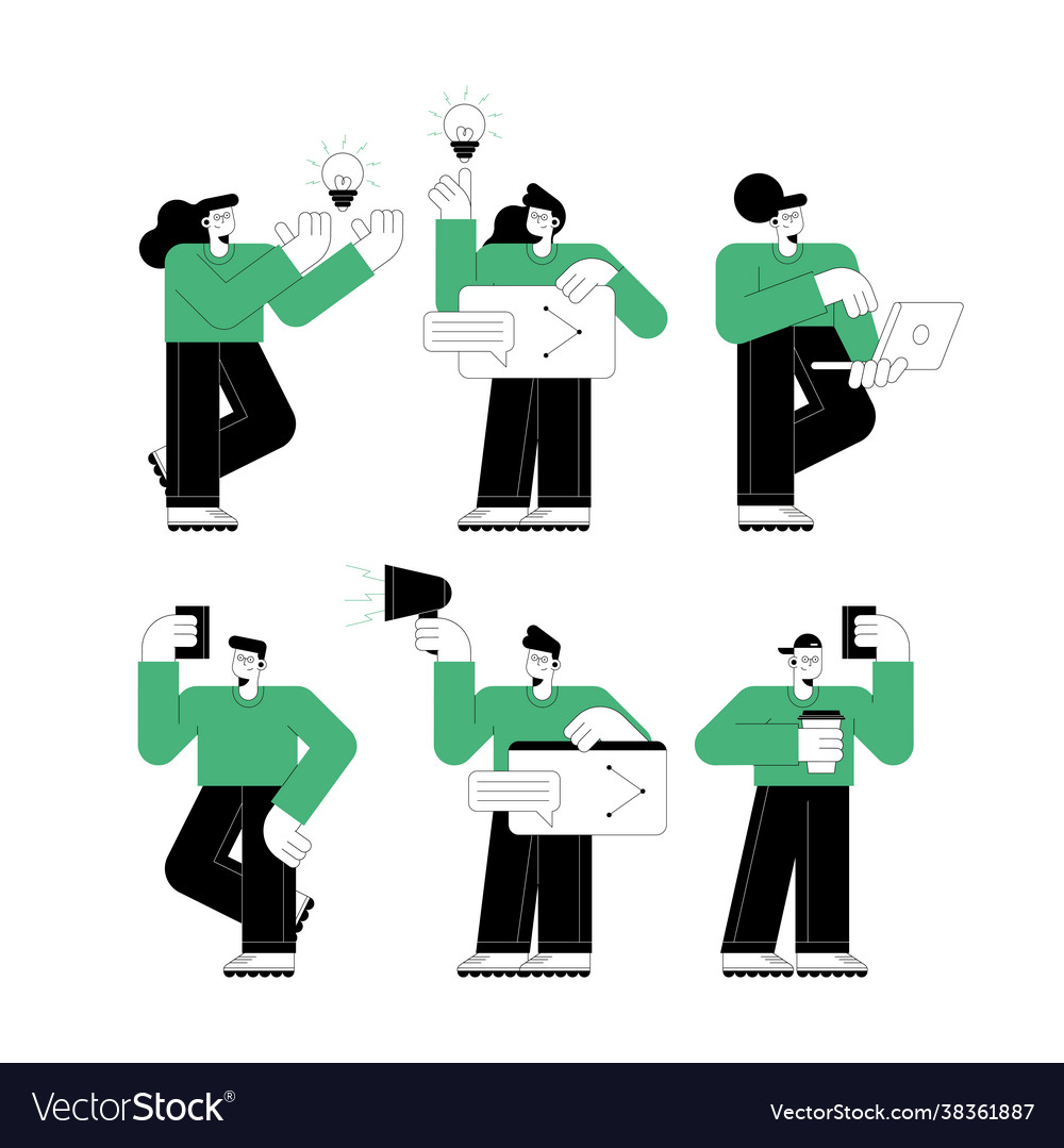 Six characters using technology Royalty Free Vector Image