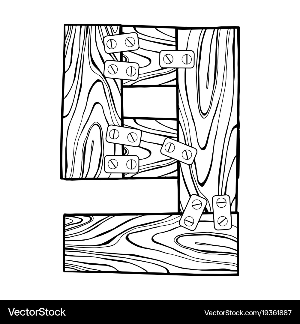 Wooden number 9 engraving Royalty Free Vector Image