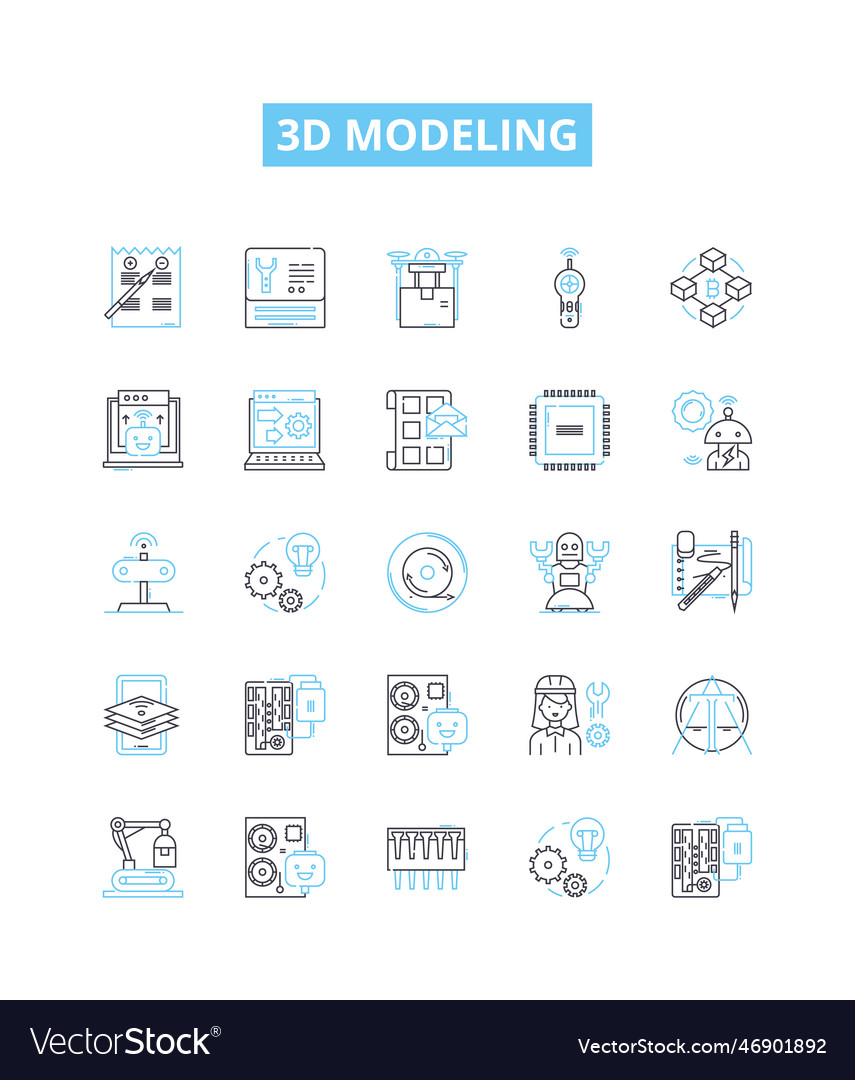 3d modeling line icons set modelling Royalty Free Vector