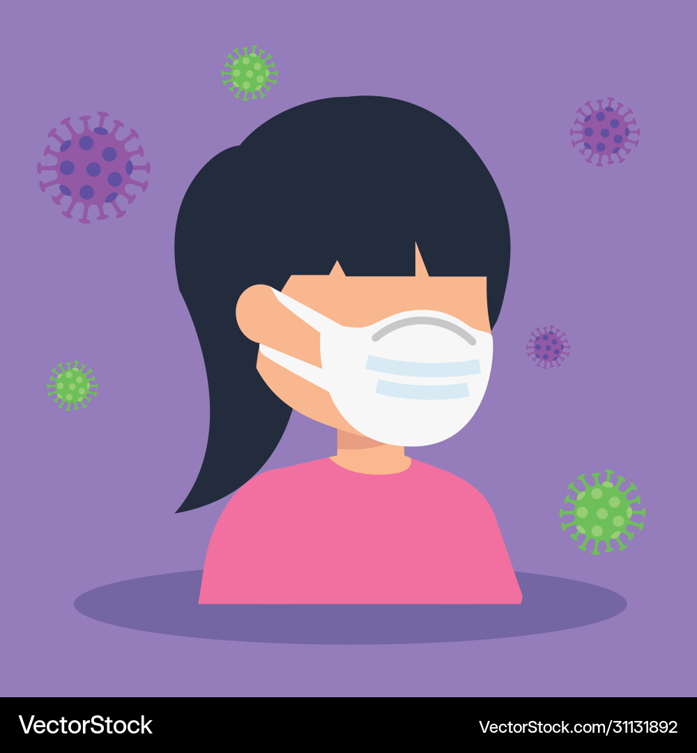 Cute girl using face mask with particles covid19 Vector Image