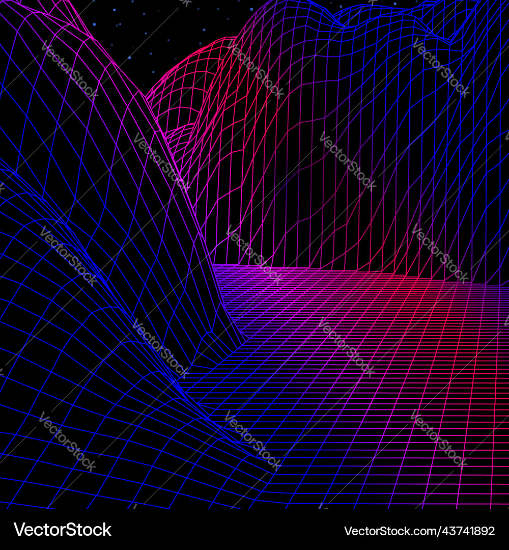 Landscape with wireframe grid of 80s styled retro Vector Image