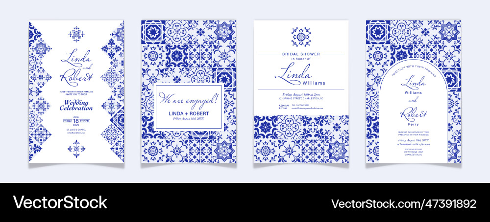 Mediterranean blue tiles wedding invitation Vector Image