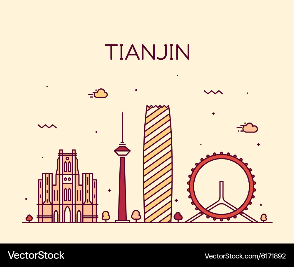 Tianjin skyline line art Royalty Free Vector Image