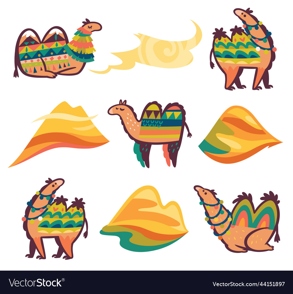 Set with camels desert and hills Royalty Free Vector Image