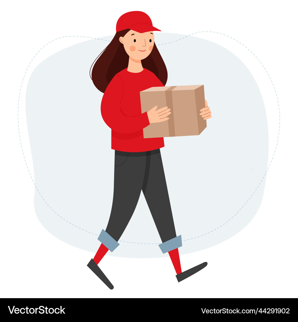 A female courier in red uniform carries box Vector Image