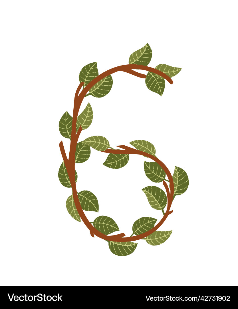 Number 6 brown tree branches with green leaves Vector Image