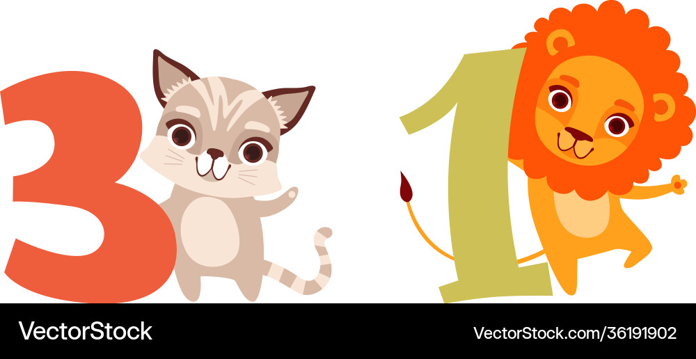 Three and one numbers with cute leo and kitten Vector Image