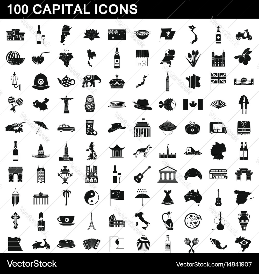 100 capital icons set simple style Royalty Free Vector Image