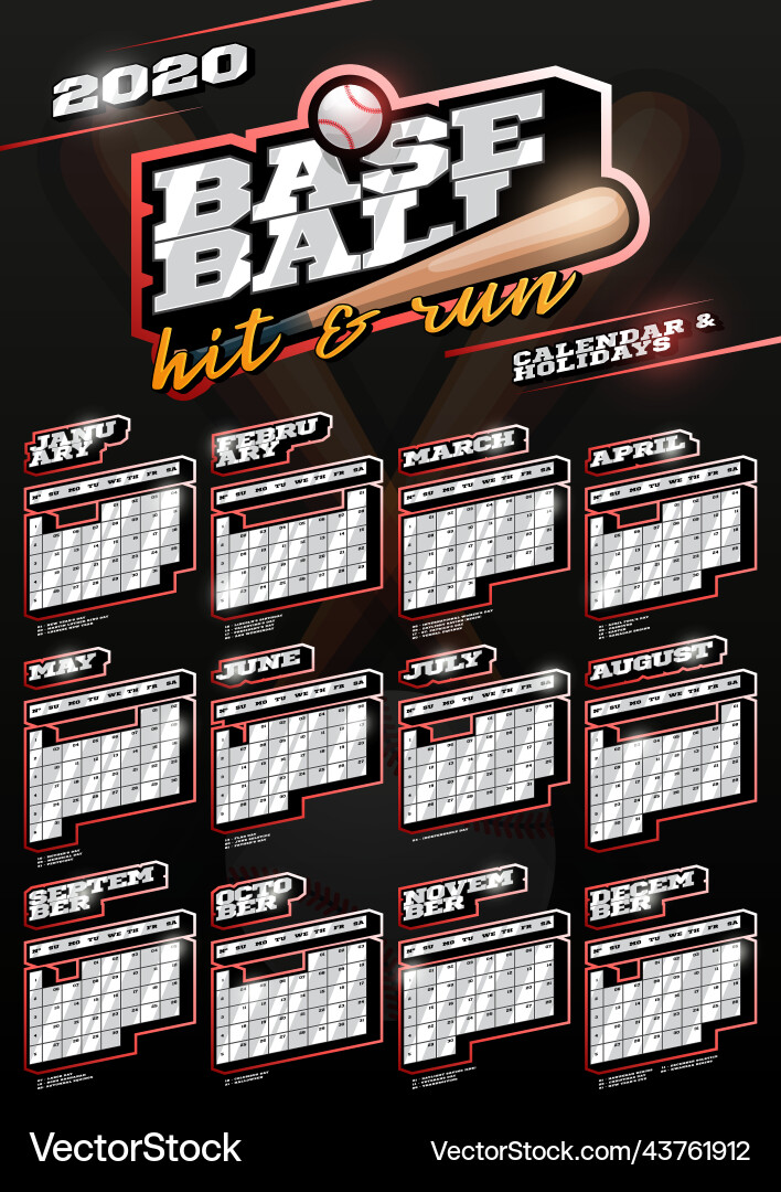 Baseball sport wall vertical calendar for 2020 Vector Image