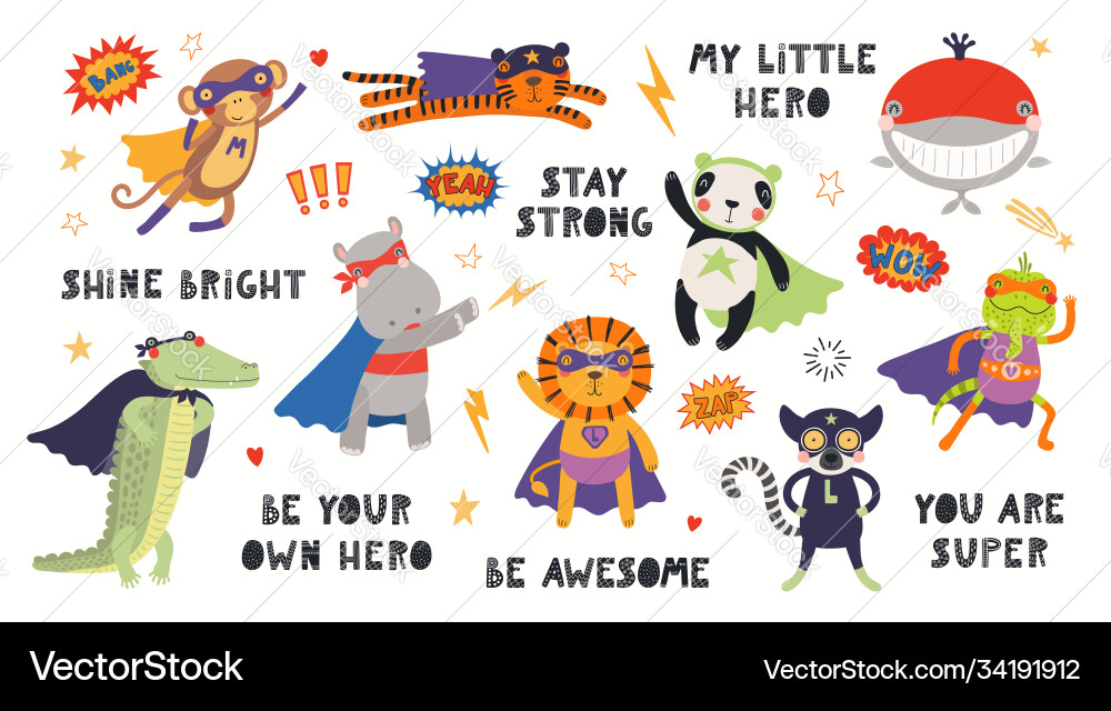 Cute animal superheroes big set Royalty Free Vector Image