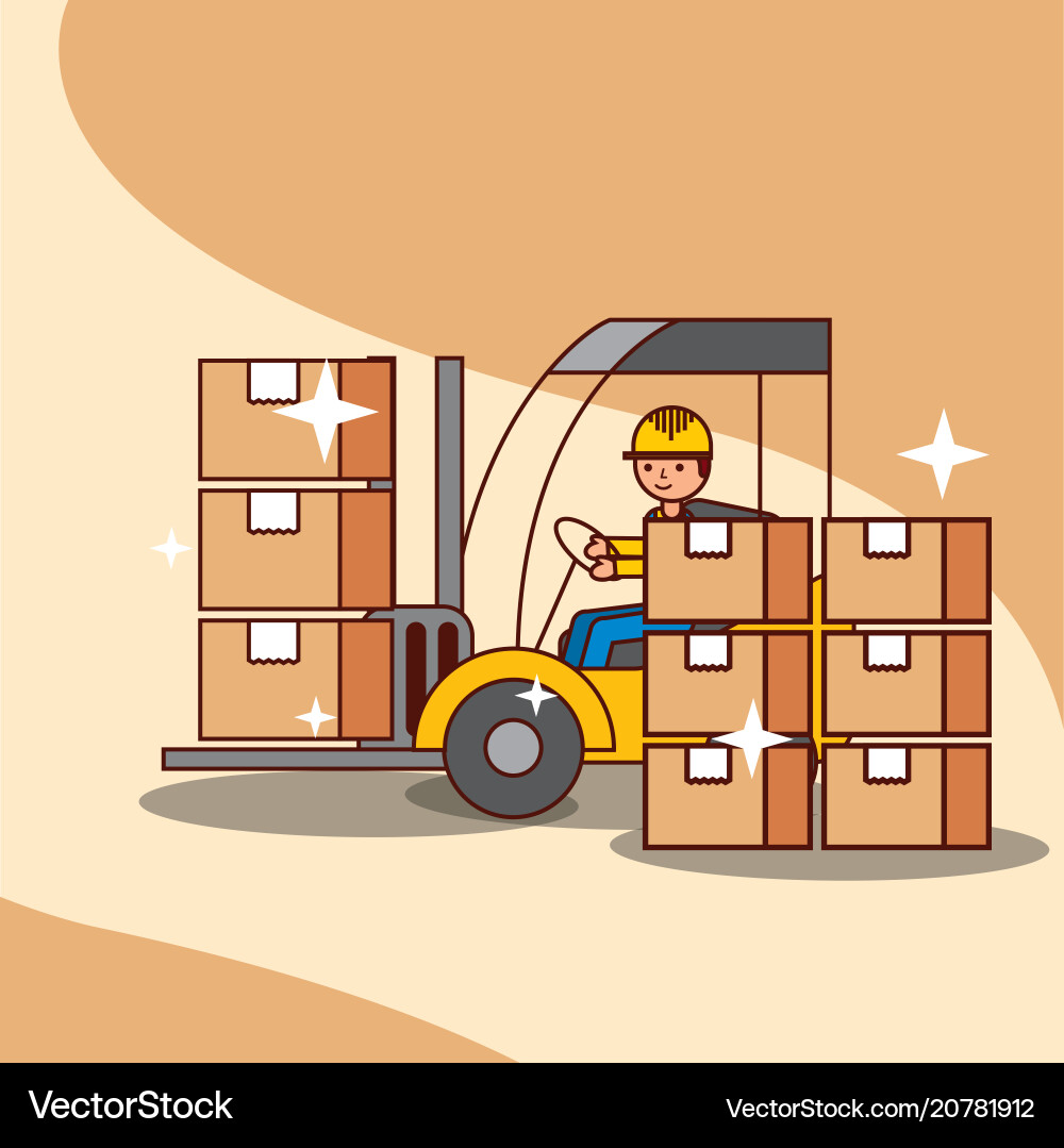 Forklift truck with man driving loading cardboard Vector Image