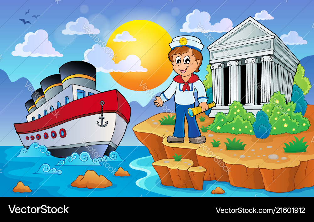 Greek coast with ship and sailor Royalty Free Vector Image