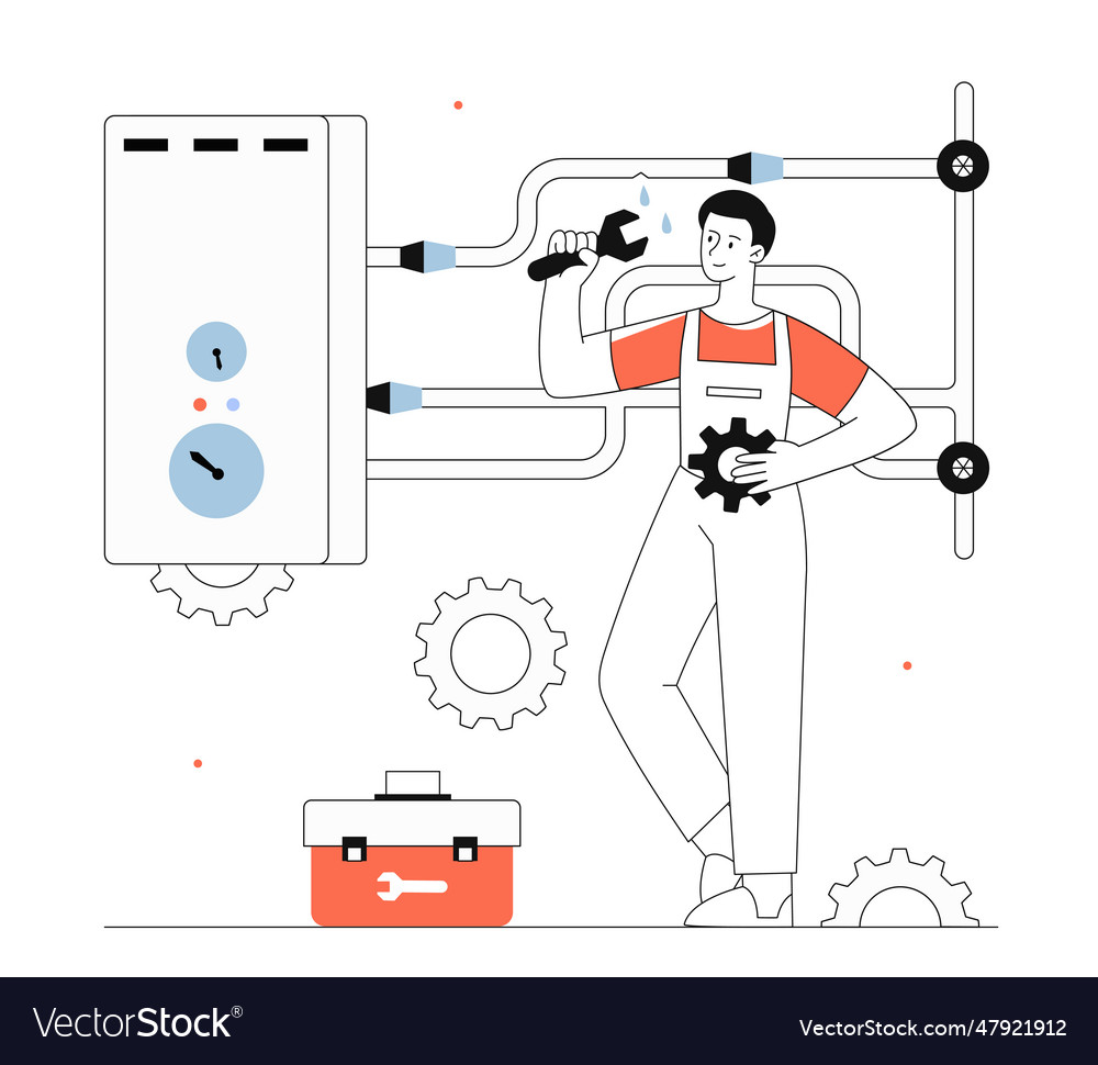 Plumber with instruments line concept Royalty Free Vector