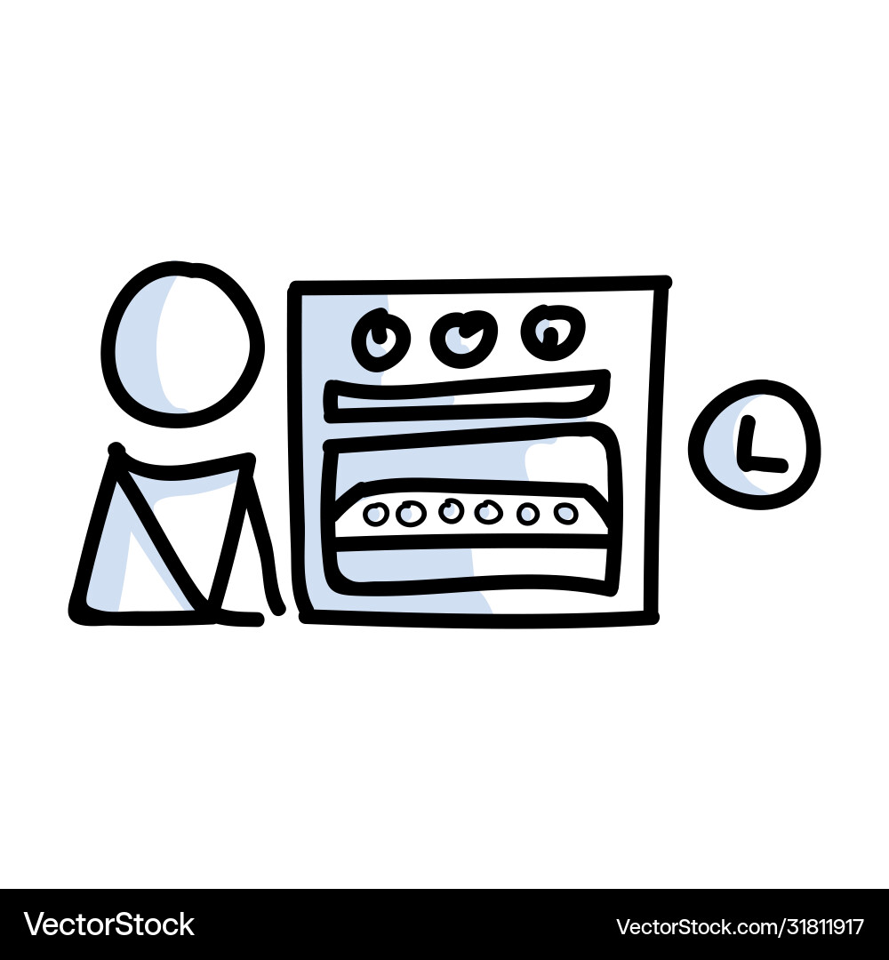 Cute stick figure baker using oven lineart icon Vector Image