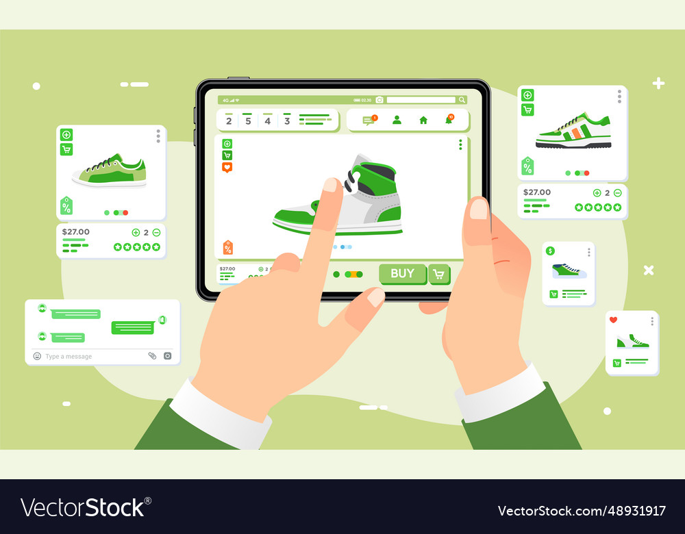 Hands Holding Tablet And Finger Touches A Screen Vector Image