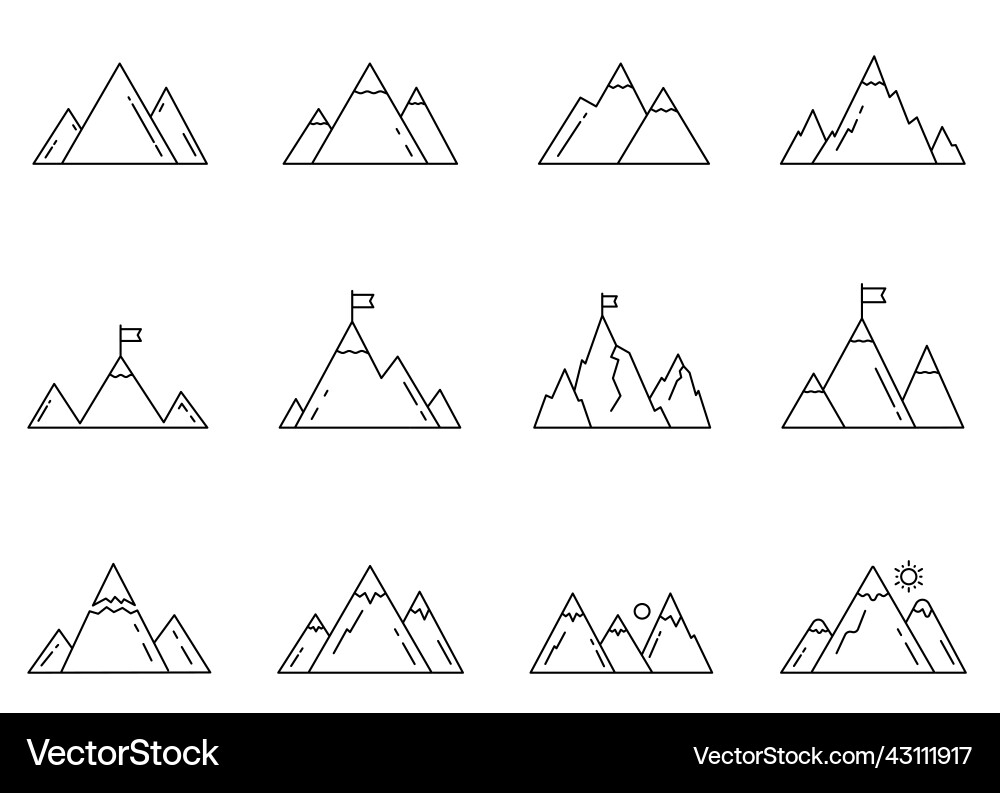 Mountain outline icons set on white background Vector Image