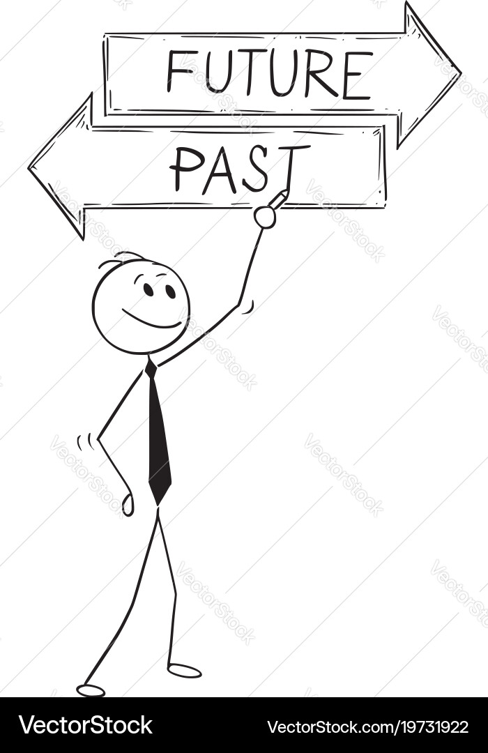 Cartoon businessman writing on future and past Vector Image
