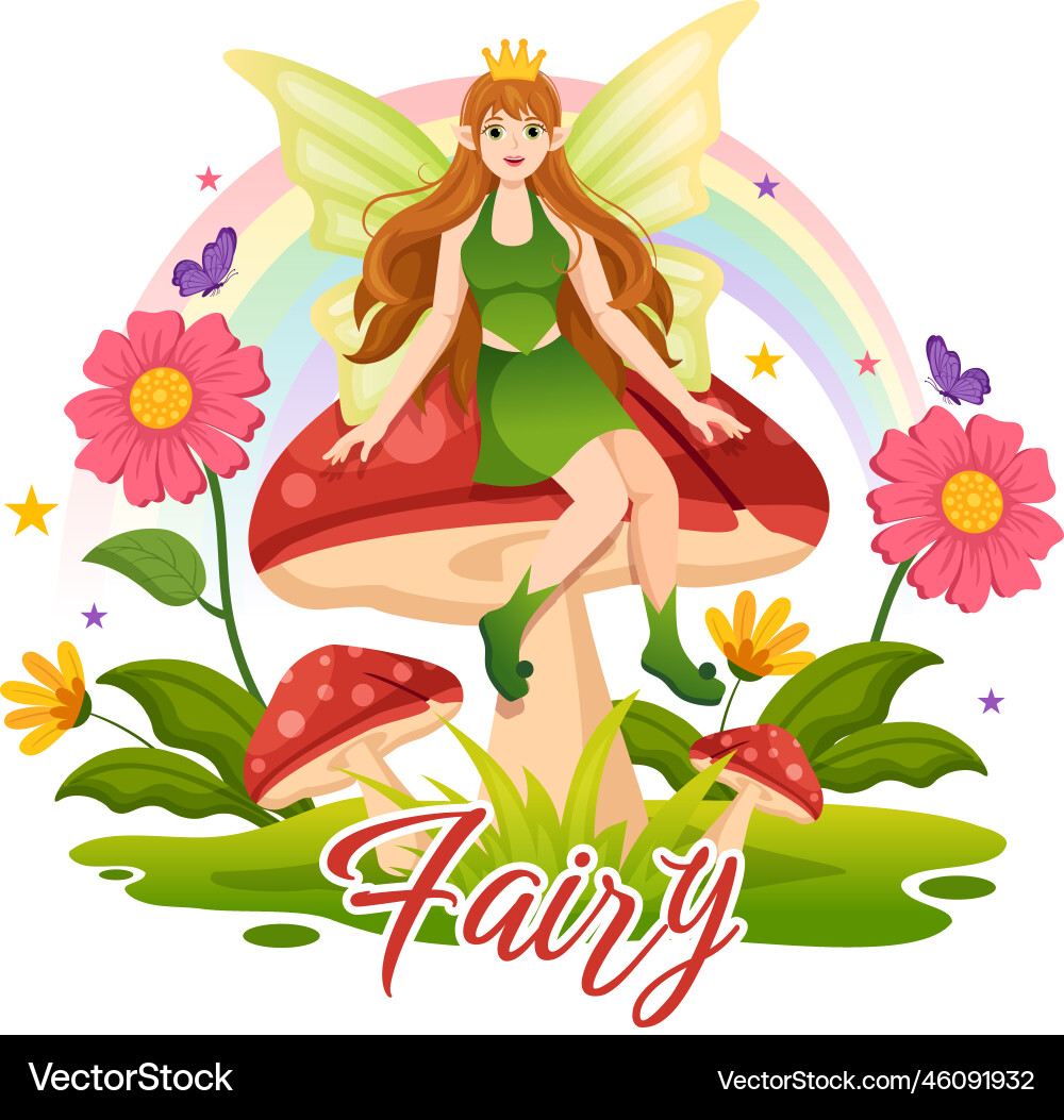 Beautiful flying fairy with elf landscape tree Vector Image