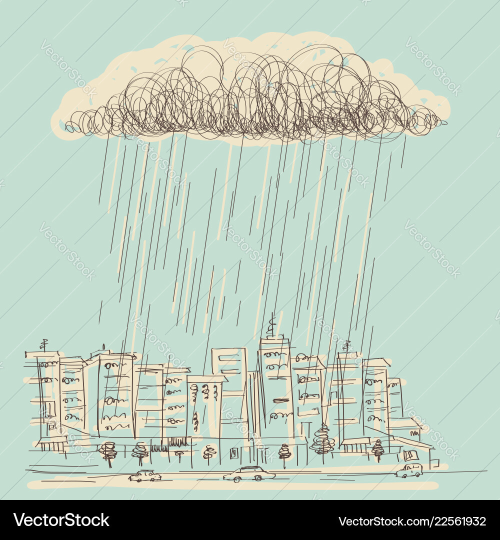 Cityscape with rain hand drawn dark cloud in wet Vector Image