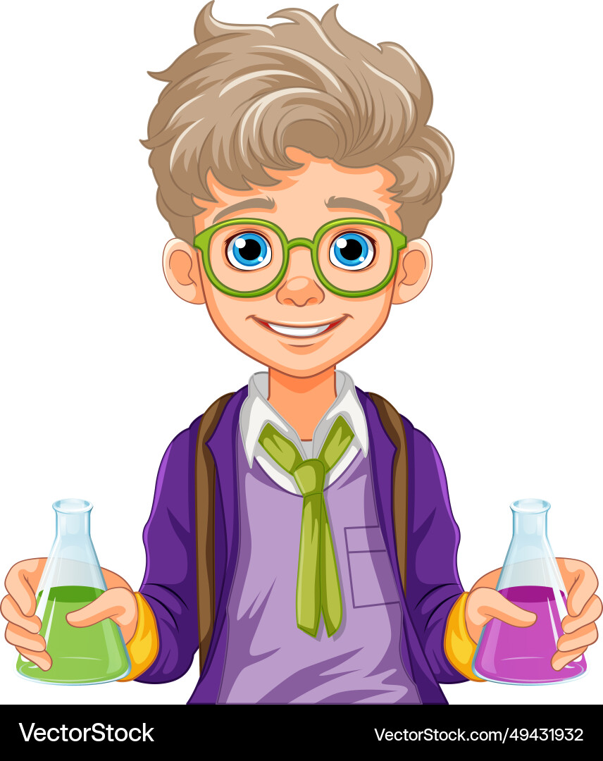 Male student cartoon holding conical flask Vector Image