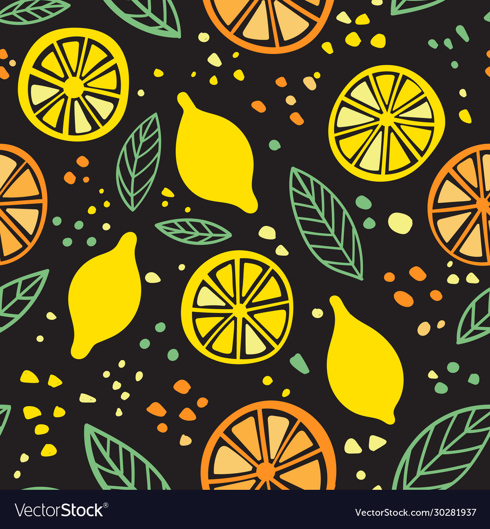 Citrus colorful seamless pattern on black Vector Image Citrus colorful seamless pattern on black Vector Image