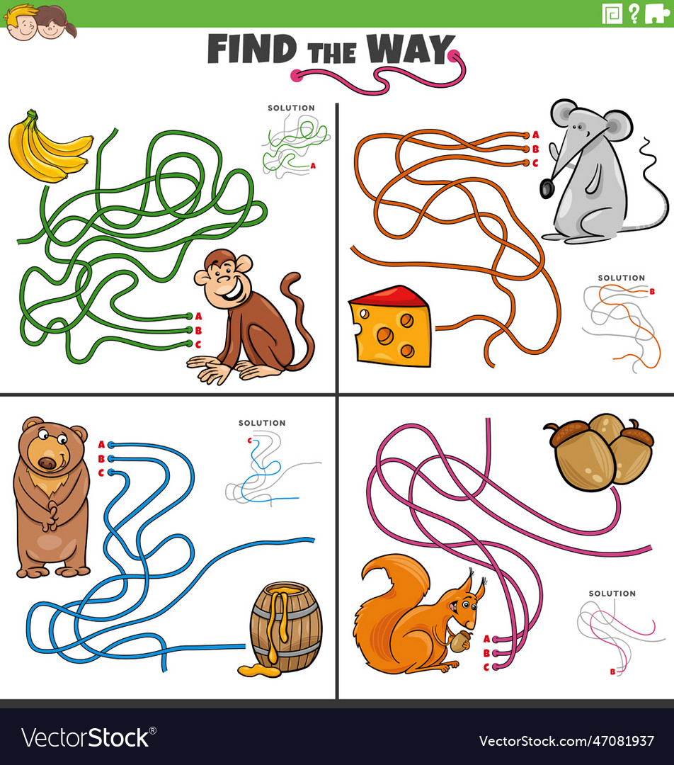 Find the way maze game with cartoon animal Vector Image